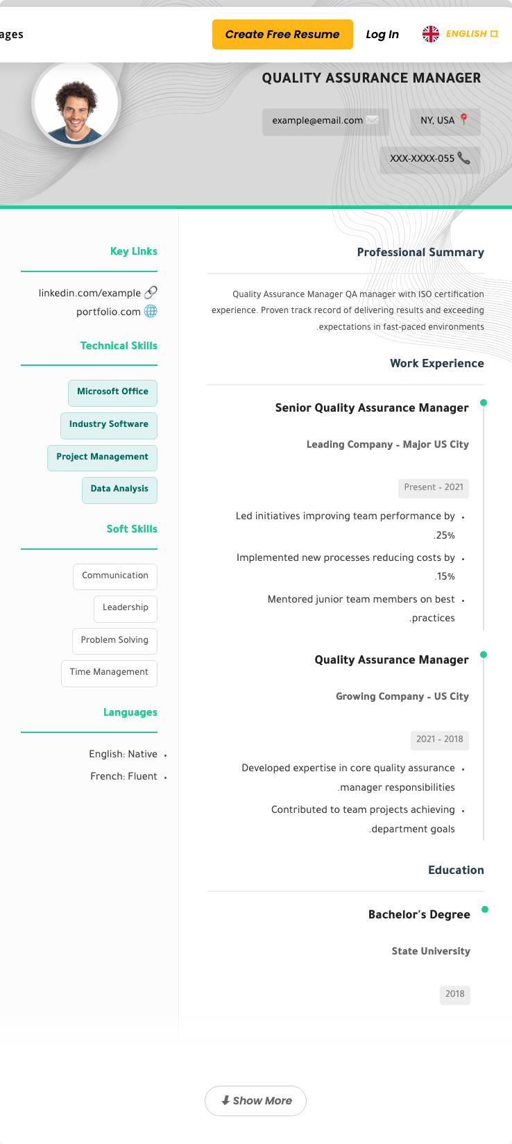 Quality Assurance Manager Resume Example - Free Templates 2026